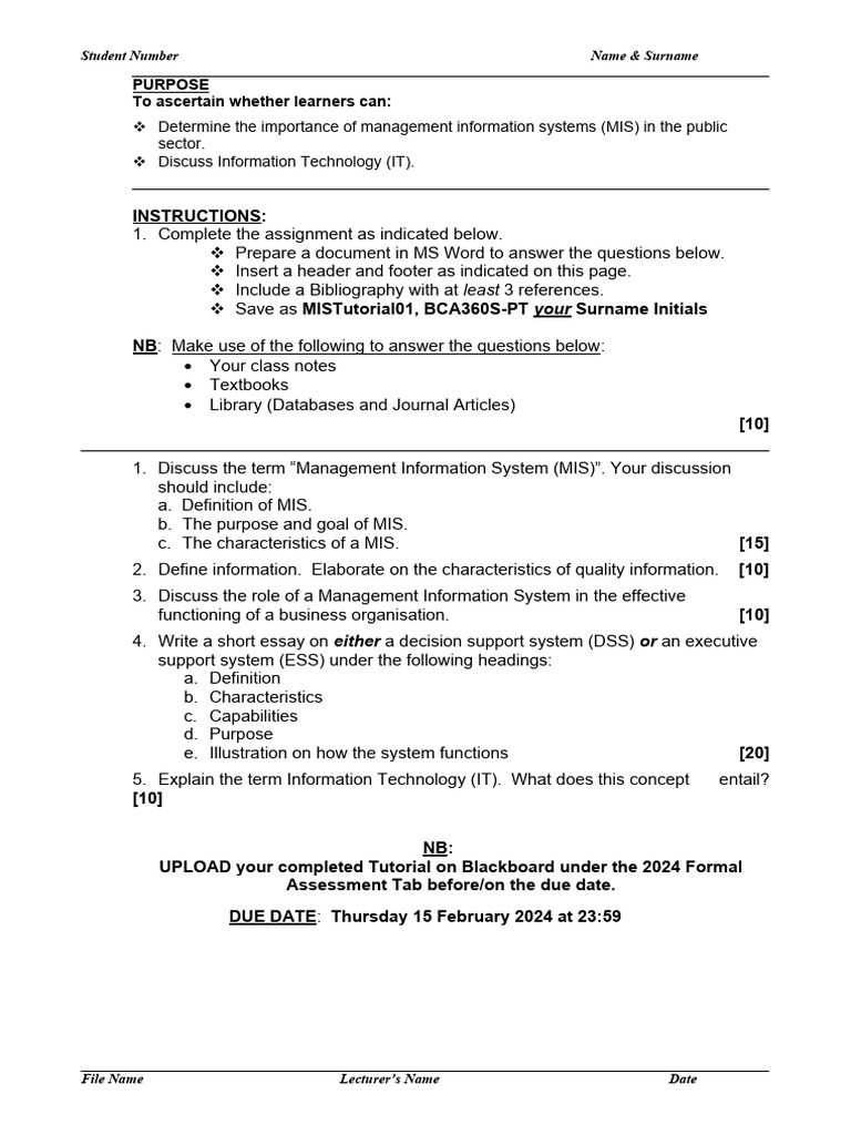 2024 Bca360s Mis Tutorial 01, FT | PDF