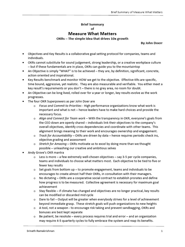 Brief Summary of Measure What Matters | PDF | Goal Setting | Goal