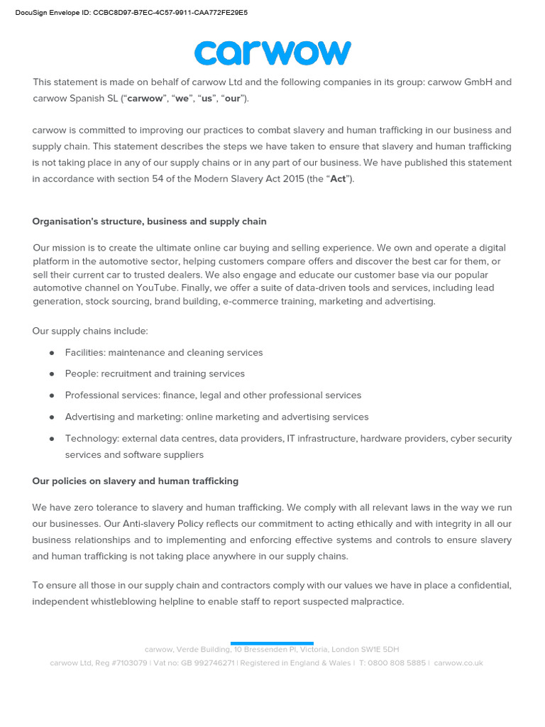 Carwow Modern Slavery Statement | PDF | Supply Chain | Human Trafficking