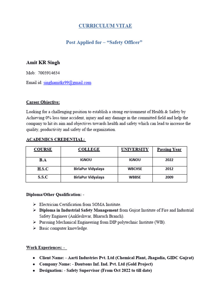 Amit Resume-1 | PDF | Occupational Safety And Health