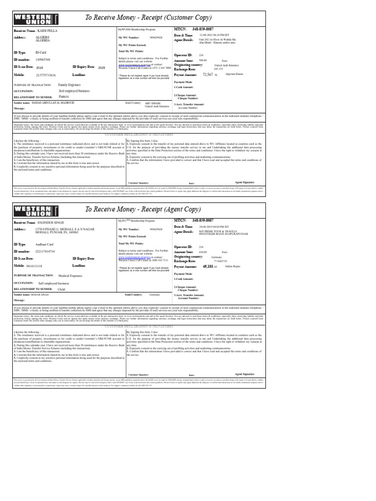 Wupos Receipt Joginder June | PDF | Cheque | Money