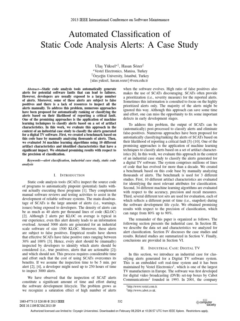 Automated Classification of Static Code Analysis Alerts A Case Study ...