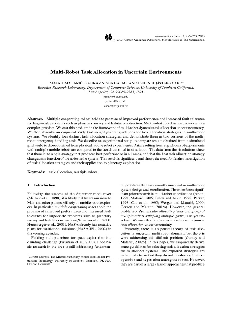 Multi Robot Task Allocation In Uncertain Environments Pdf Robot Robotics