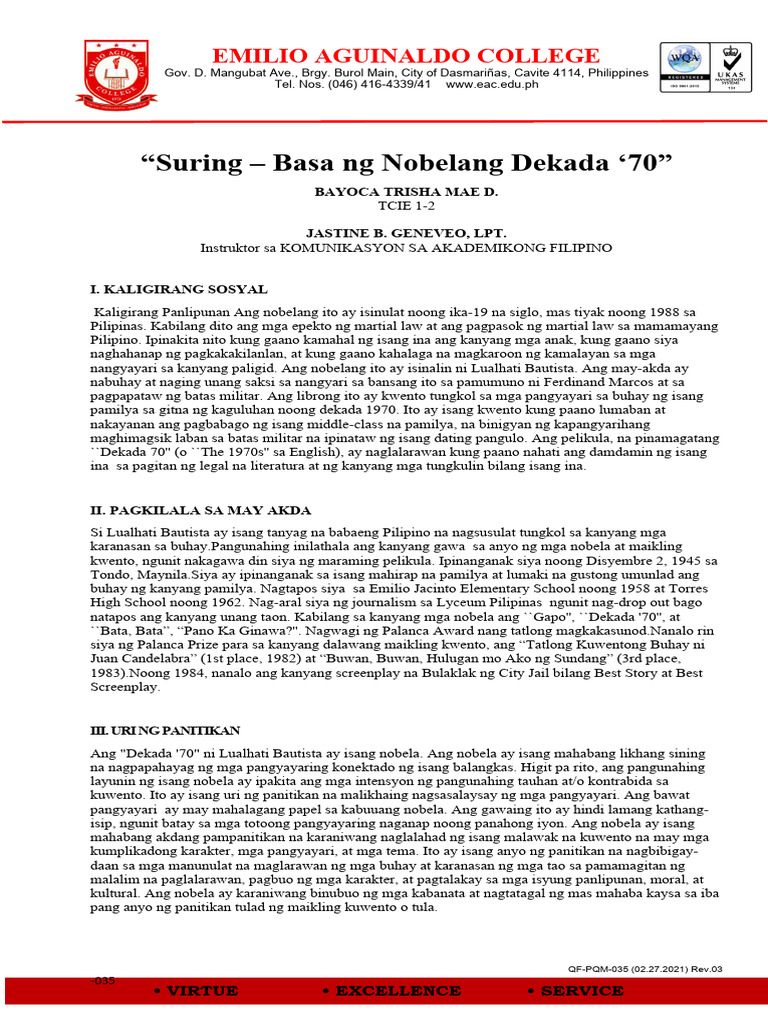 Suring Basa NG Dekada 70 Ni Lualhati Bautista Bayoca Tcie 1 2 | PDF