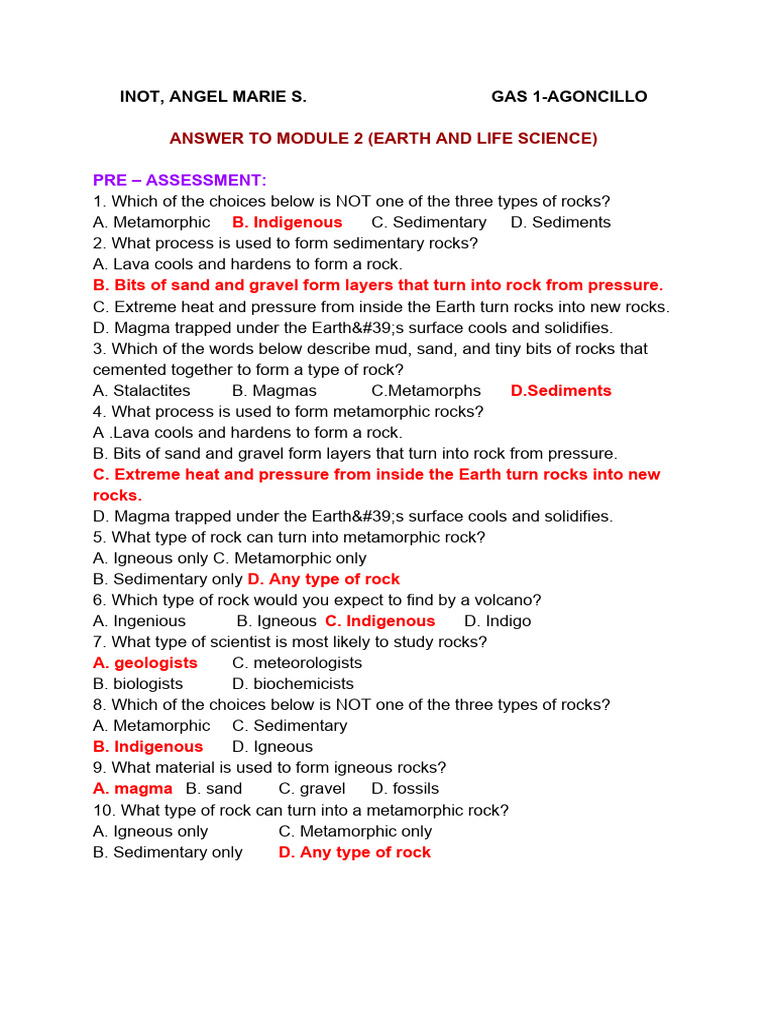 Answer To Module 2 (Earth and Life Science) | PDF | Rock (Geology ...