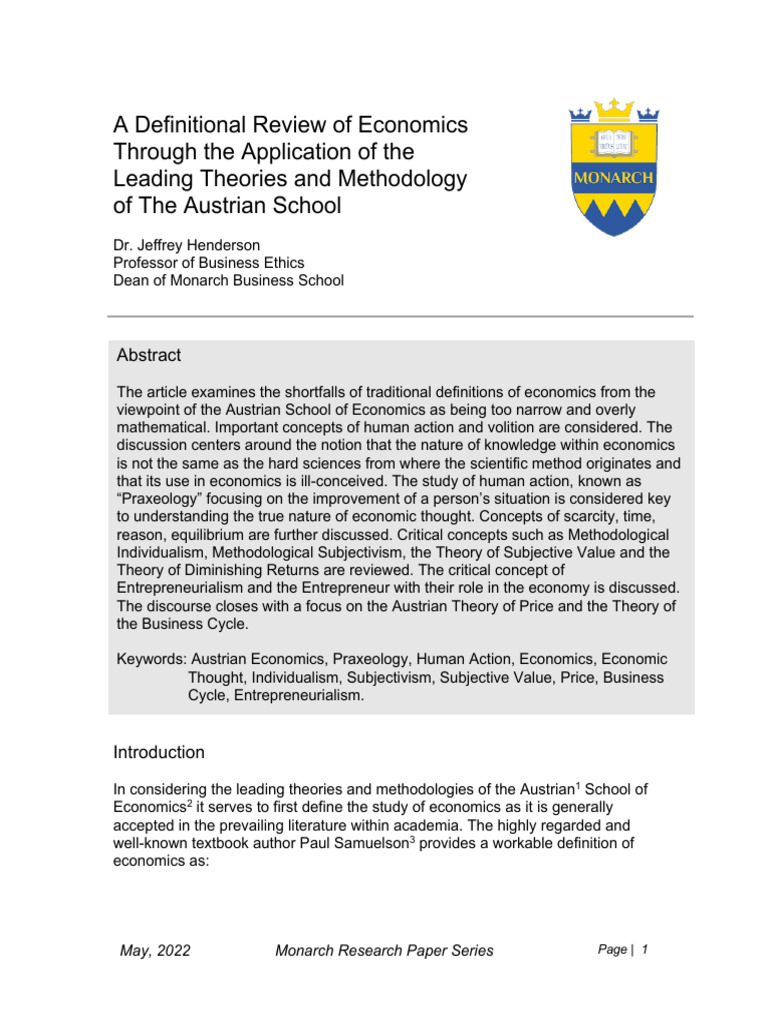 A Definitional Review of Economics Through The Application of The ...