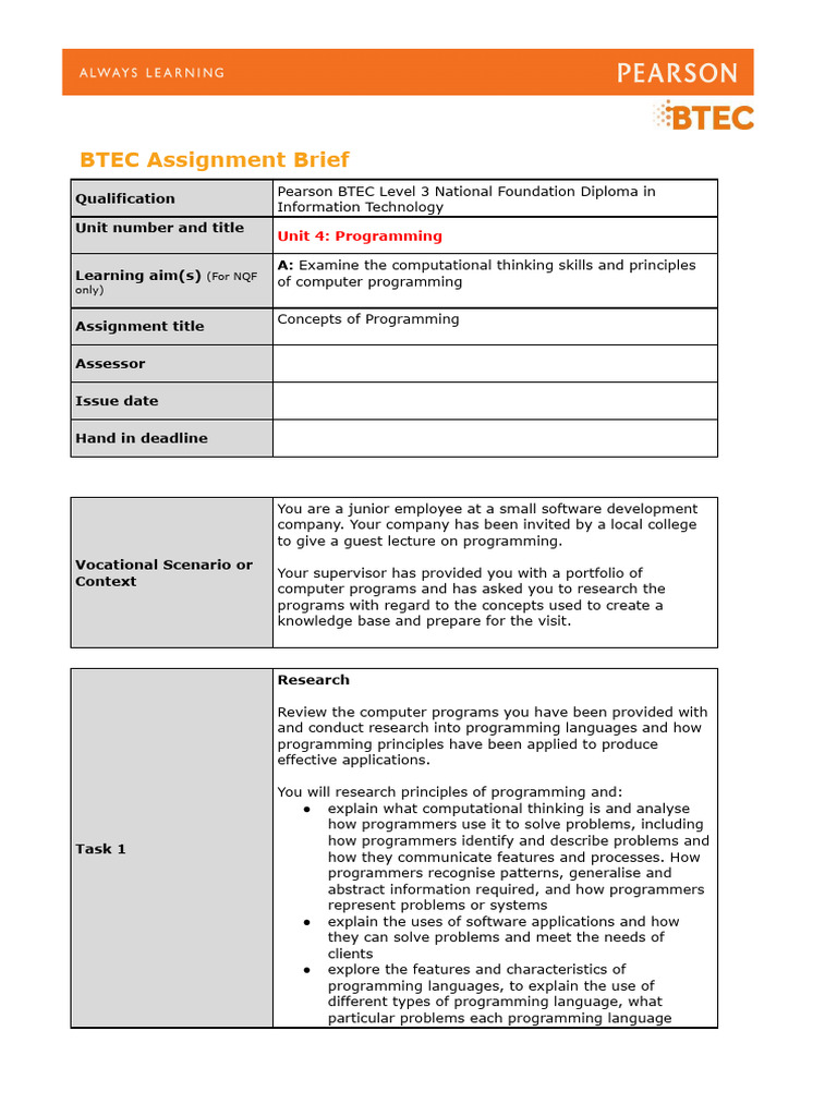 Unit - 4 Assignment 1-Learning Aim A-Programming | Download Free PDF | Computer Programming ...
