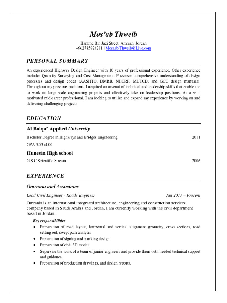 Mosab Thweib Cv Highway Design Engineer Pdf Engineering