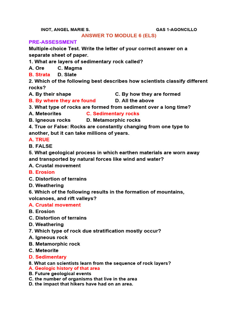 Answer To Module 6 (Els) | PDF | Rock (Geology) | Sedimentary Rock