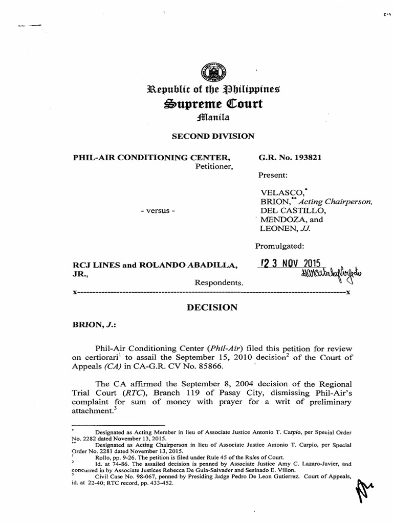 G.R. No. 193821 - Phil Airconditioning Center V RCJ Lines | PDF ...