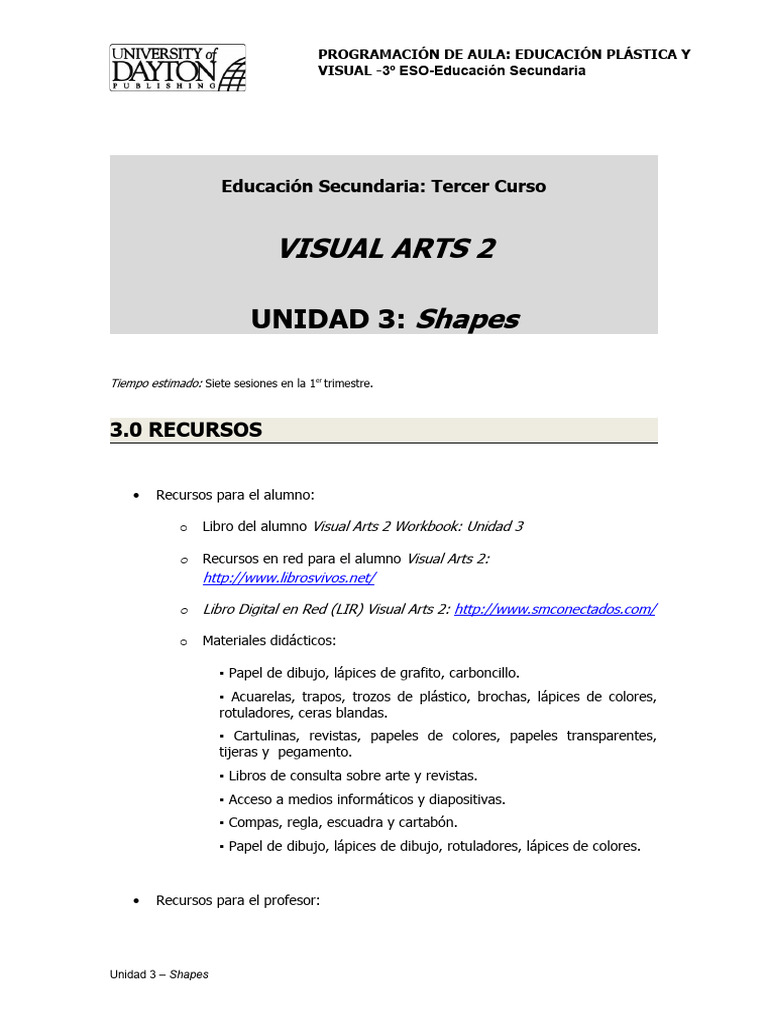 Visual Arts 2 Programacion de Aula Unidad 3 Espanol | PDF | Plan de estudios | Evaluación
