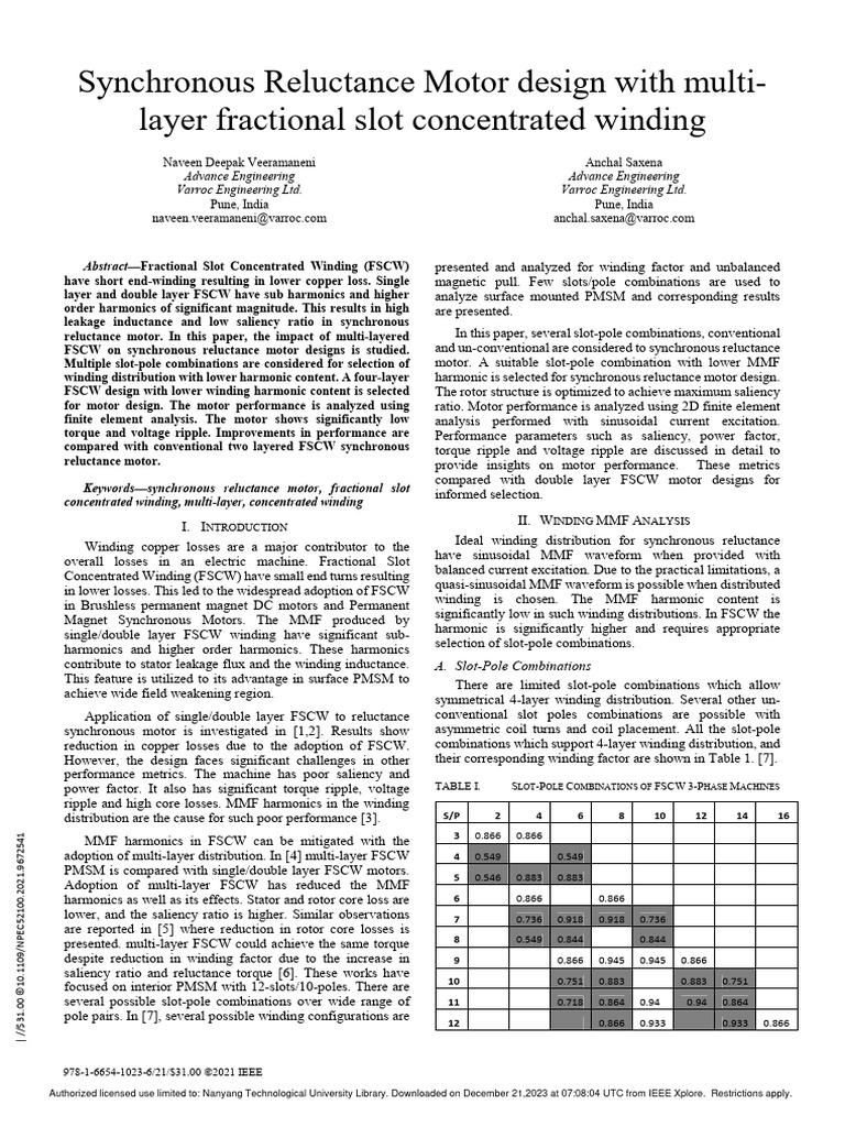 Multi-Layer FSCW for Synchronous Motors | PDF | Electric Motor ...