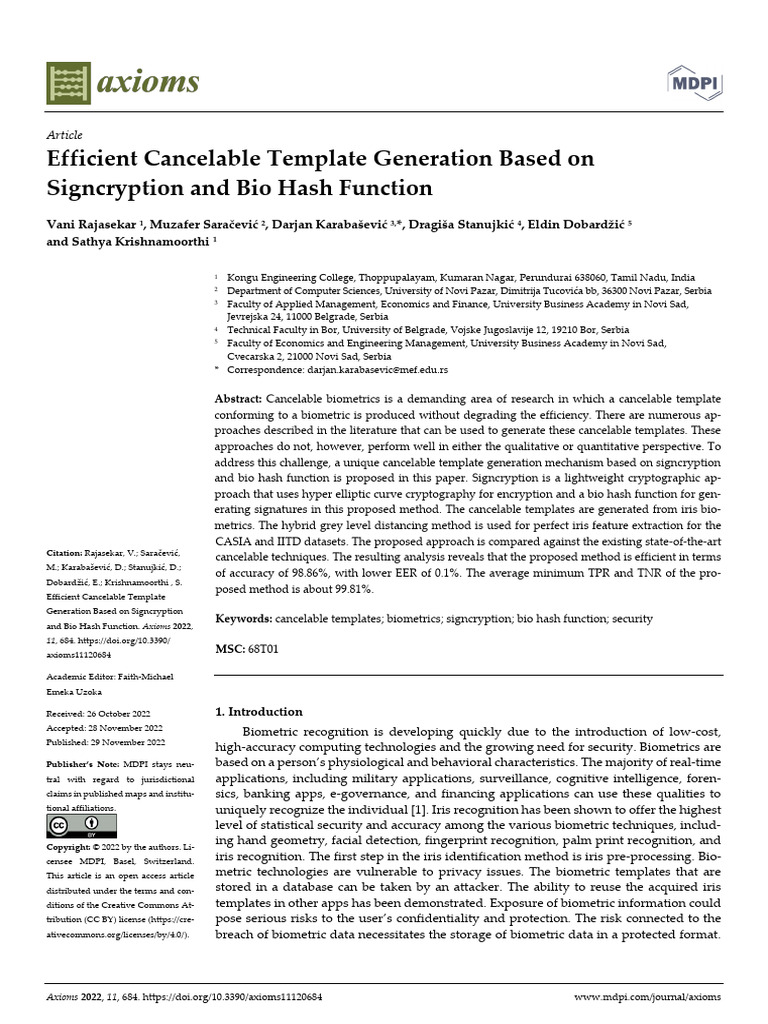 Efficient Cancelable Template Generation Based On Download Free Pdf Biometrics Cryptography