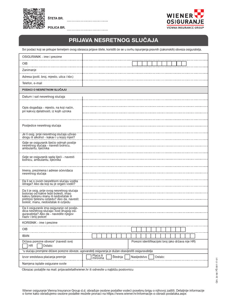 Wiener - Osiguranje Prijava Nesretnog Slucaja Web | PDF