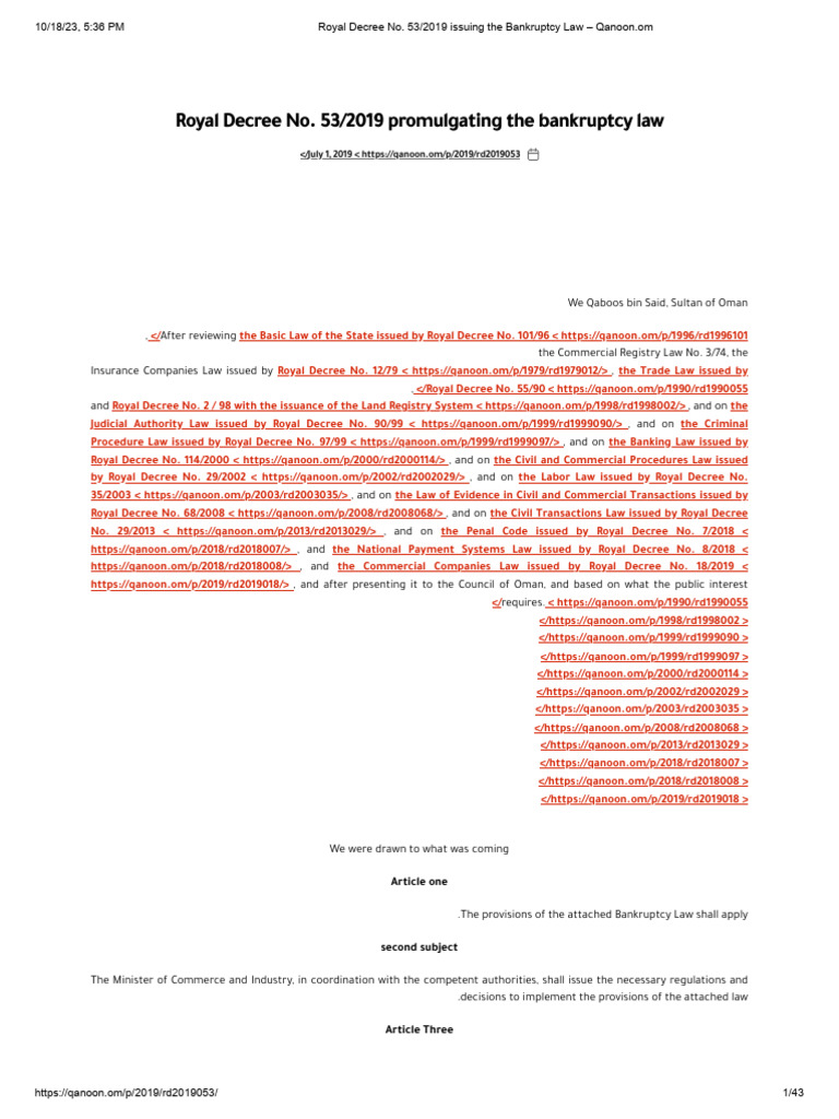 Royal Decree No. 53 - 2019 Issuing The Bankruptcy Law | PDF | Decree ...