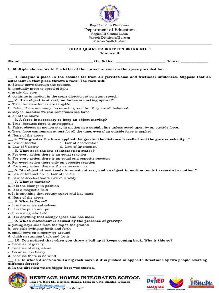 4th Grade Science Test on Forces | PDF | Force | Physics