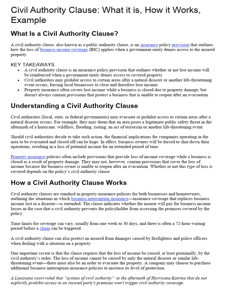 Understanding Civil Authority Clauses in Insurance | PDF | Insurance ...