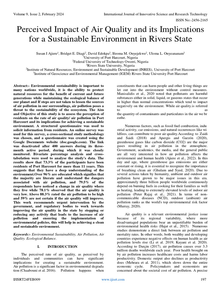 Perceived Impact of Air Quality and its Implications for a Sustainable Environment in Rivers ...