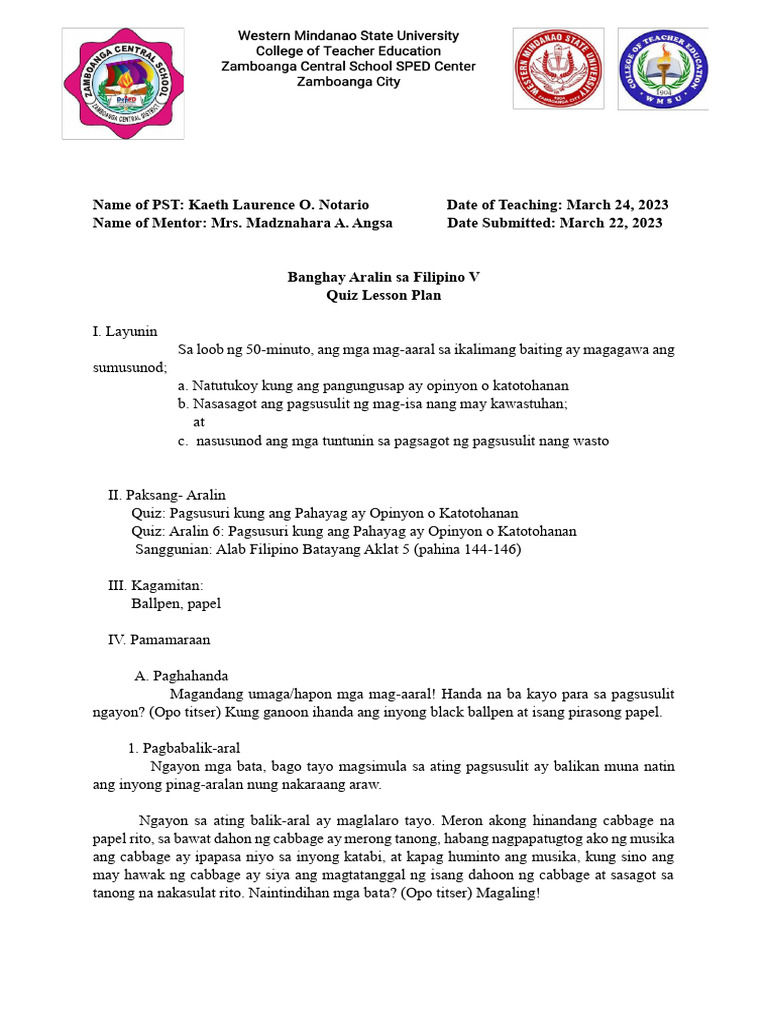 quiz lesson plan_2 | PDF