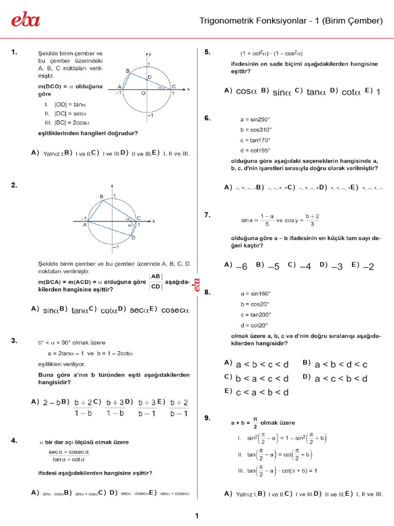 Trigonometrik Fonksiyonlar 1 Birim Çember | PDF