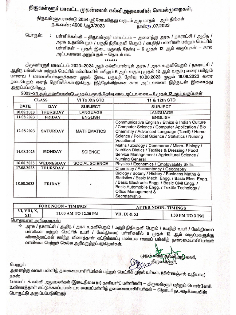 1st Mid Term Exam Time Table (6-12) | PDF
