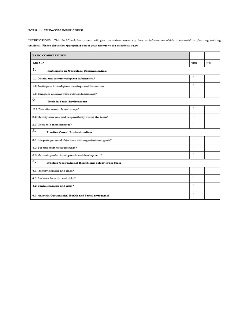 1.1 SELF-ASSESSMENT. EVIDENCE - TRAINING GAPS - TRAINING NEEDS - For ...