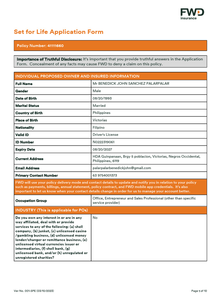 Set For Life Application Form: Policy Number: 41111660 | PDF ...