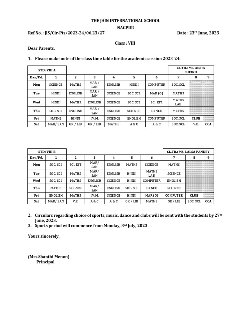 27-Class Viii - Class Time Table 2023-24 | PDF