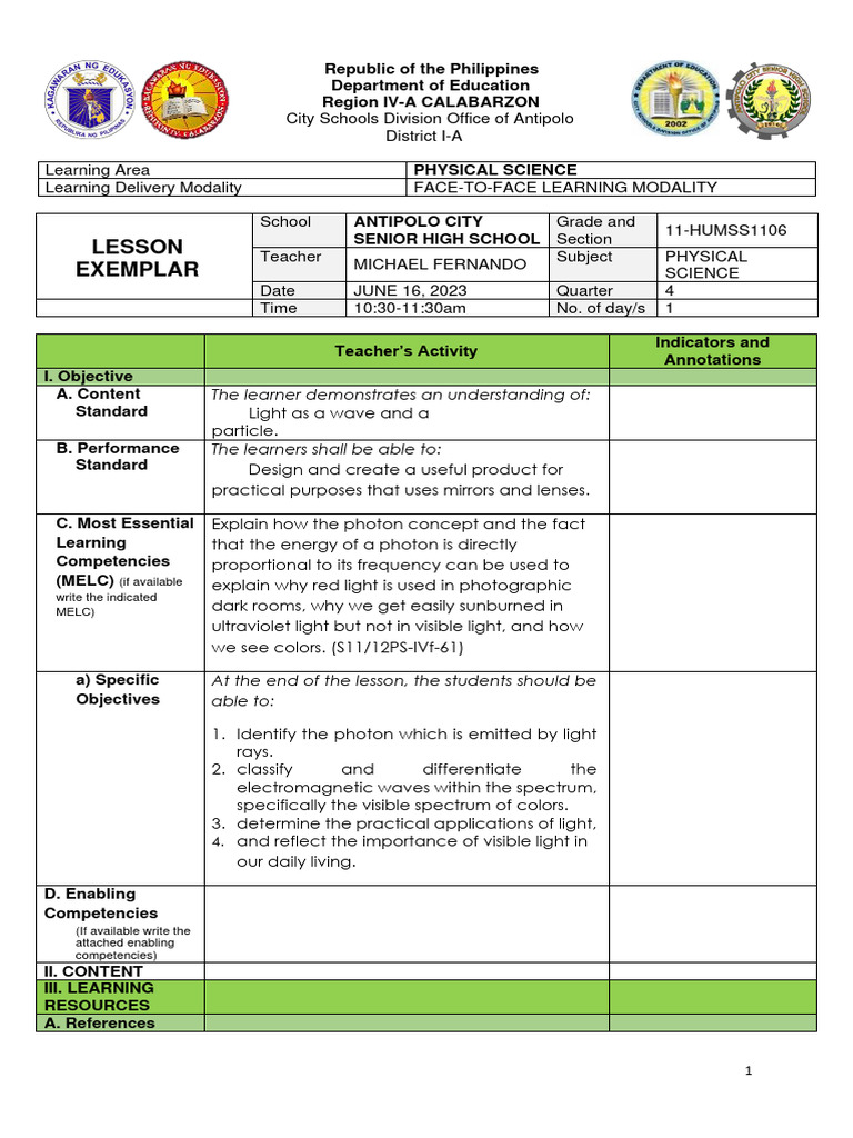 LESSON PLAN FOR CLASSROOM OBSERVATION | PDF | Light | Electromagnetic ...