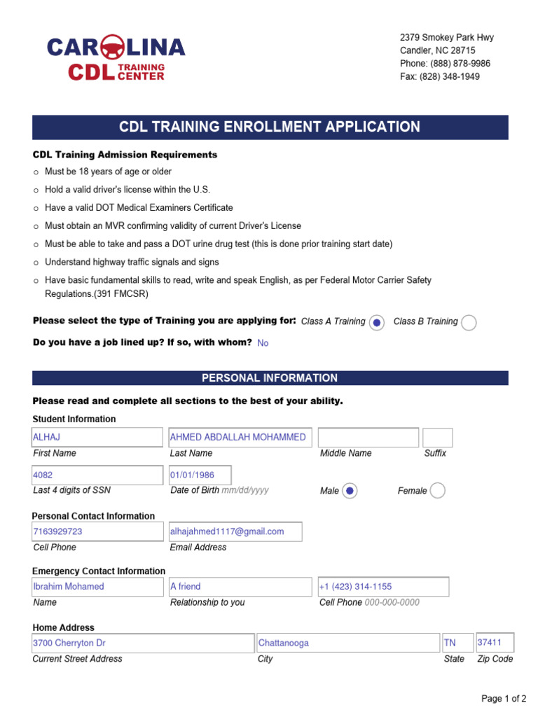 CDL Training Enrollment Application Form | PDF | Driver's License ...