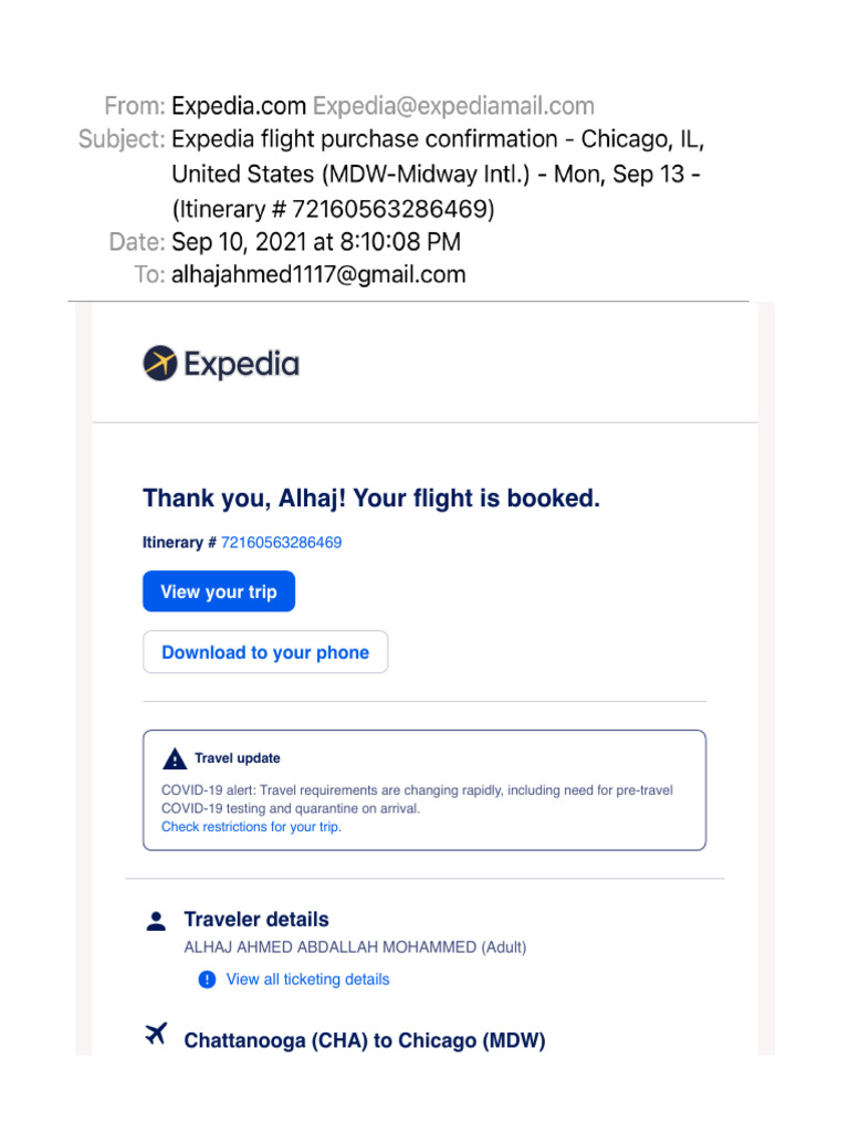 Expedia Flight Purchase Confirmation - Chicago, IL, United States (MDW ...