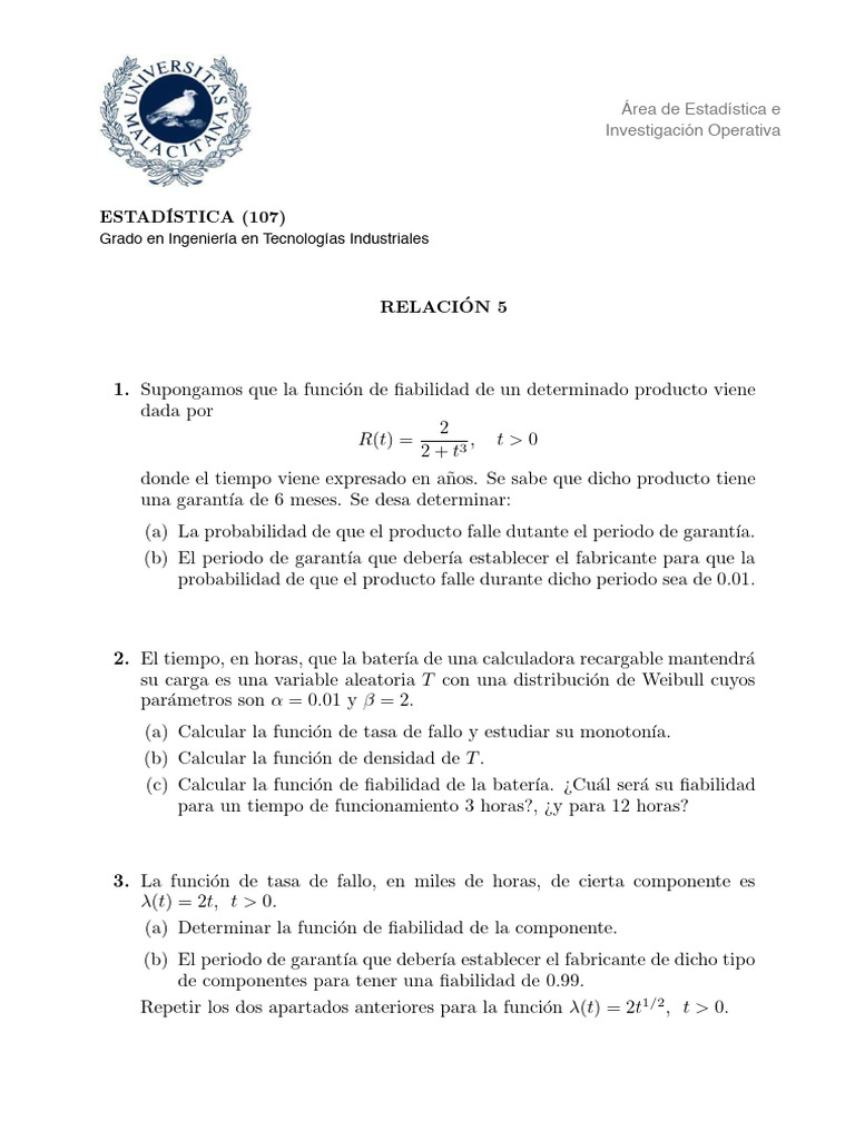 Ejercicios Estadistica | PDF | Ingeniería de confiabilidad | Teoría estadística