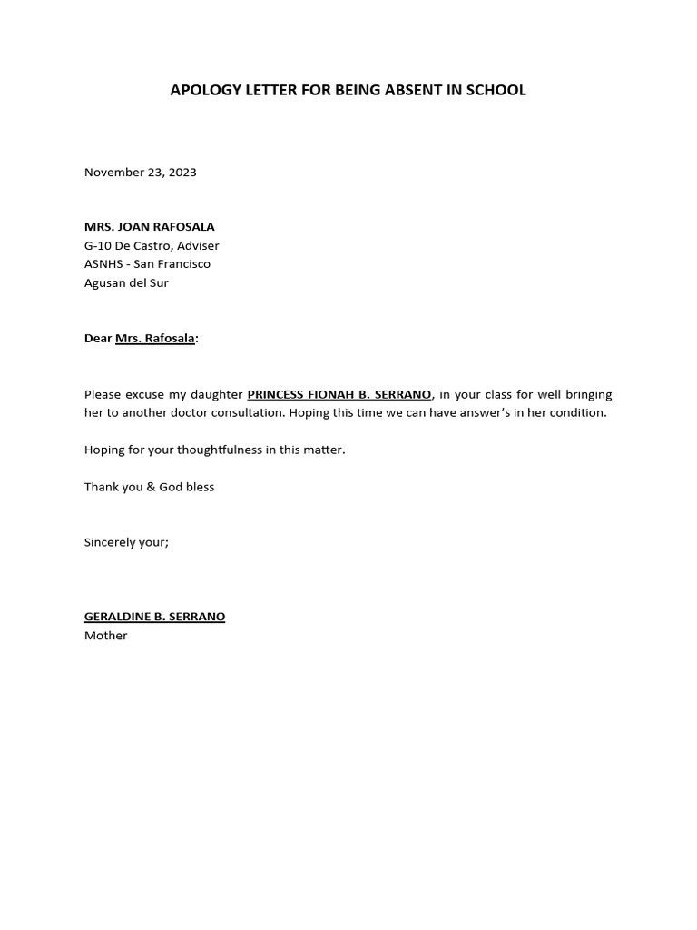Apology Letter For Being Absent in School | PDF