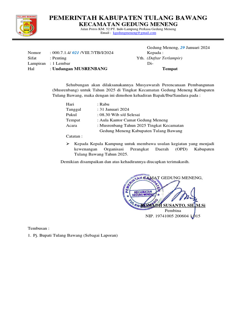 Undangan Musrenbang Kecamatan Gedung Meneng | PDF