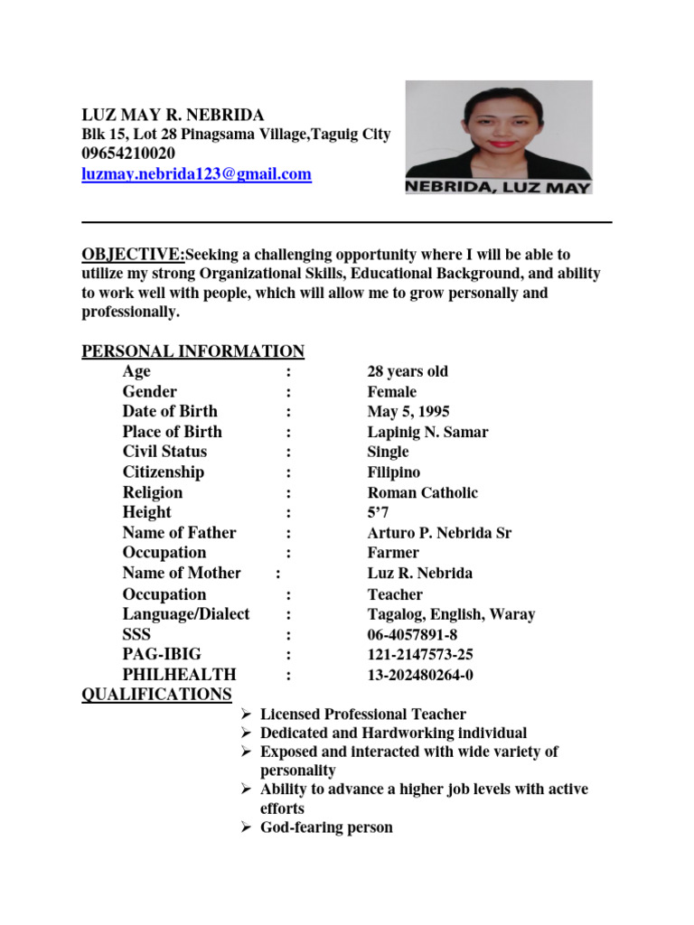 Resume Luz May Nebrida | PDF | Teachers