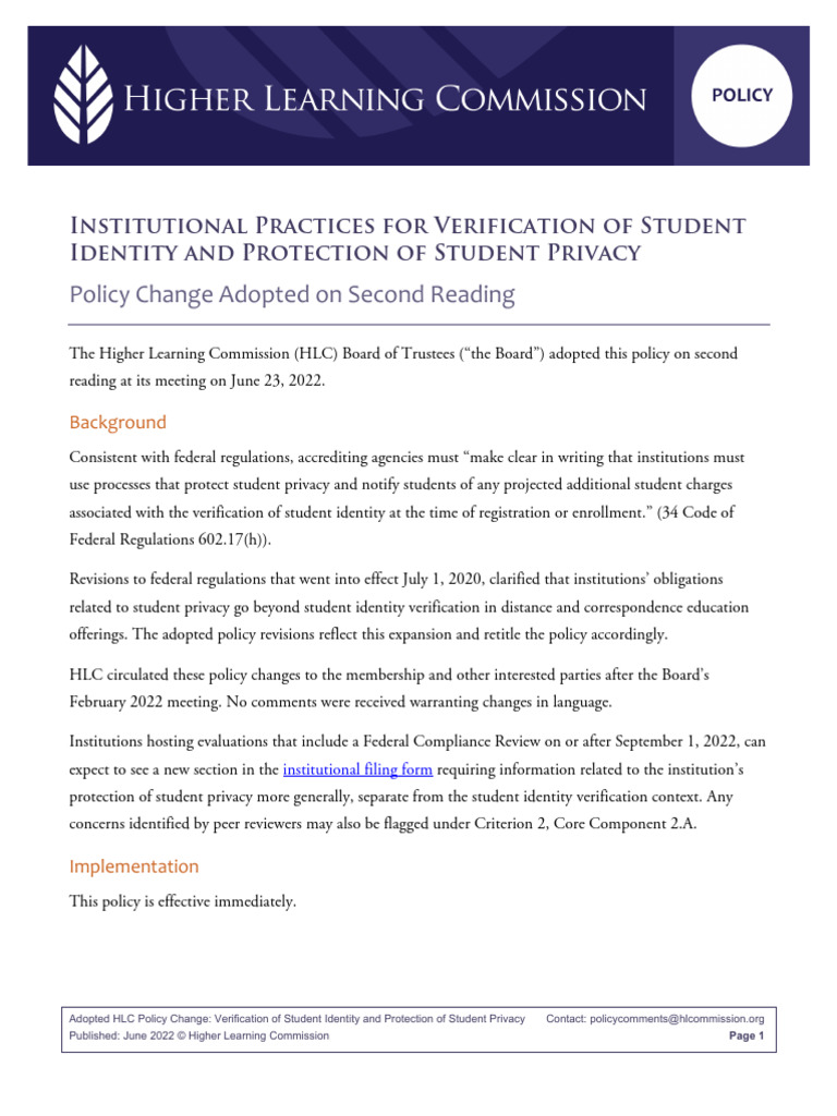 HLC Policy on Student Identity Verification | PDF | Privacy | Distance ...