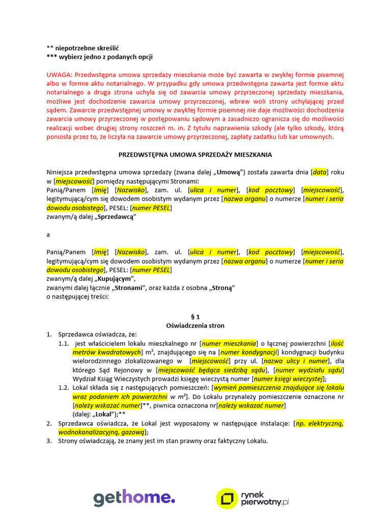 Przedwstepna Umowa Sprzedazy Mieszkania Wersja Do Uzupel D0za4xQ | PDF