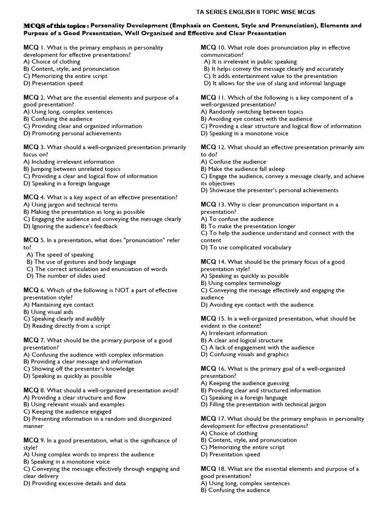 Presentation Skills MCQS by Ta Series | PDF | Jargon | Information