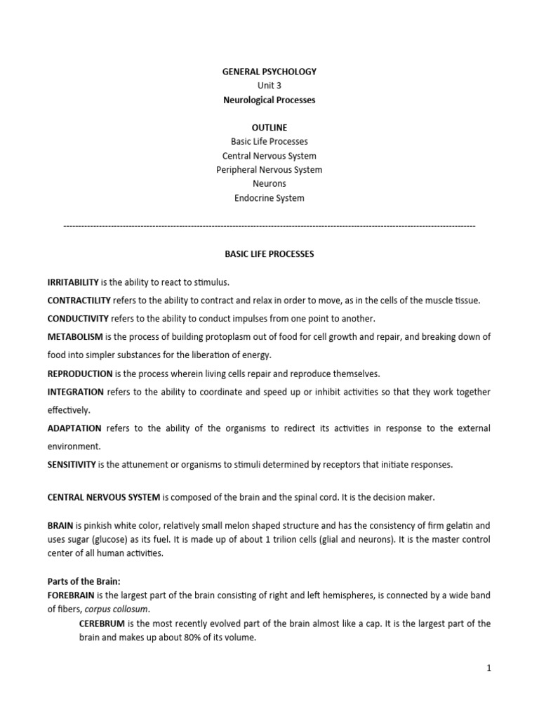 Unit3 NeurologicalProcesses | PDF | Nervous System | Brain