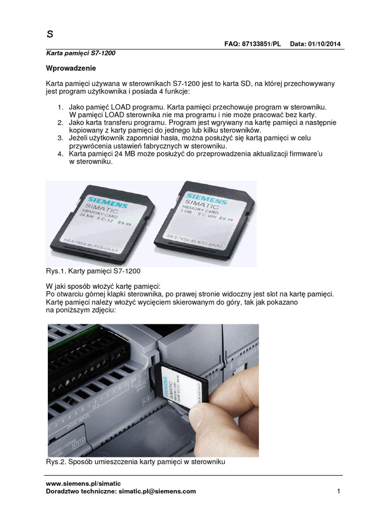 FAQ S7-1200 - Karta Pamięci S7-1200 | PDF