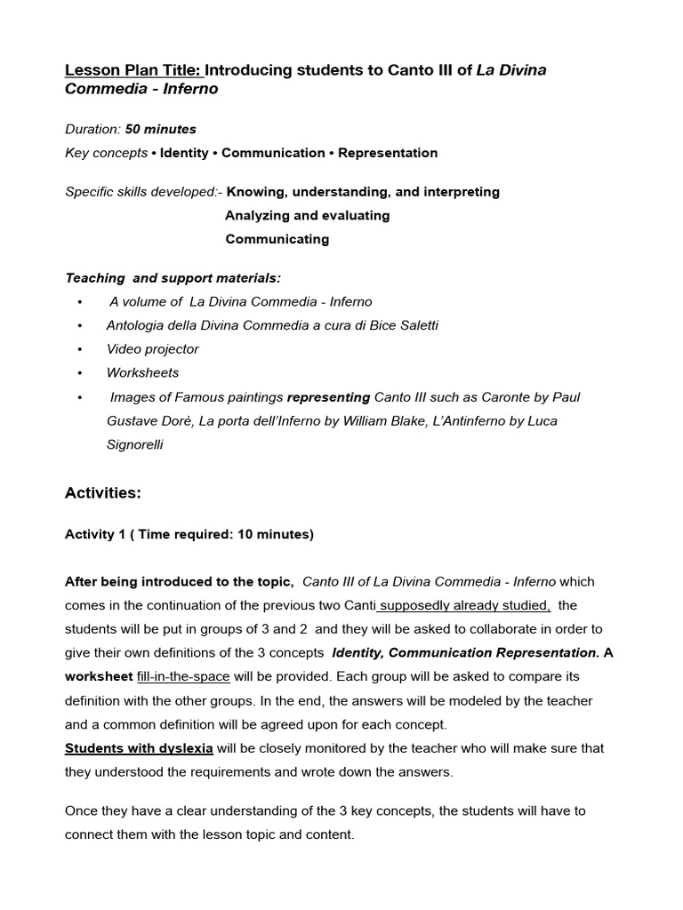 Canto III Inferno Lesson Plan | PDF | Divine Comedy | Communication