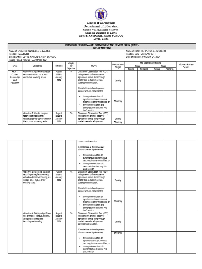 IPCR MidYear Review Form For Proficient Teacher Jobane | PDF | Learning ...