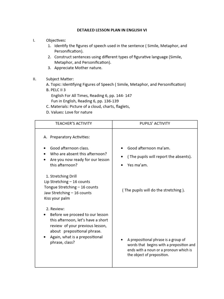 Figures of Speech Lesson Plan VI | PDF | Preposition And Postposition ...
