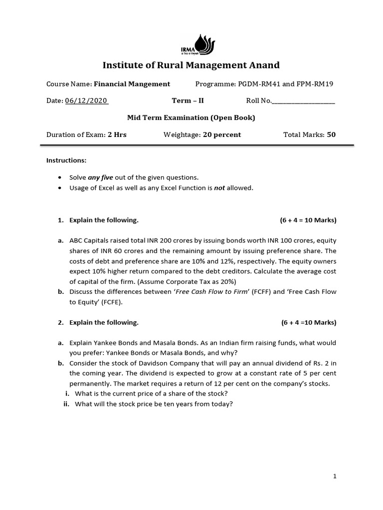 FM Mid-Term Paper | PDF | Bonds (Finance) | Stocks