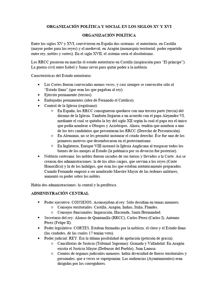 3 - Organizaci - N Pol - Tica y Social en Los Siglos XV y Xvi | PDF | Clero | España