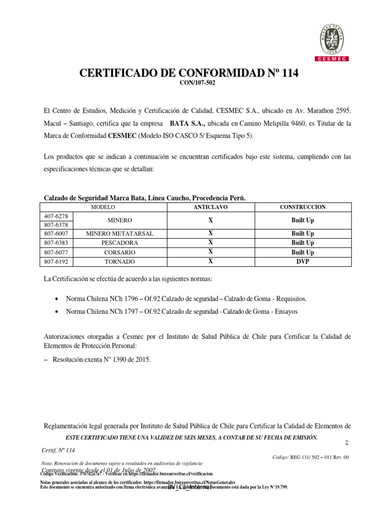 Certificado Cesmec Bata Industrials Caucho Junio 2023 114 | PDF