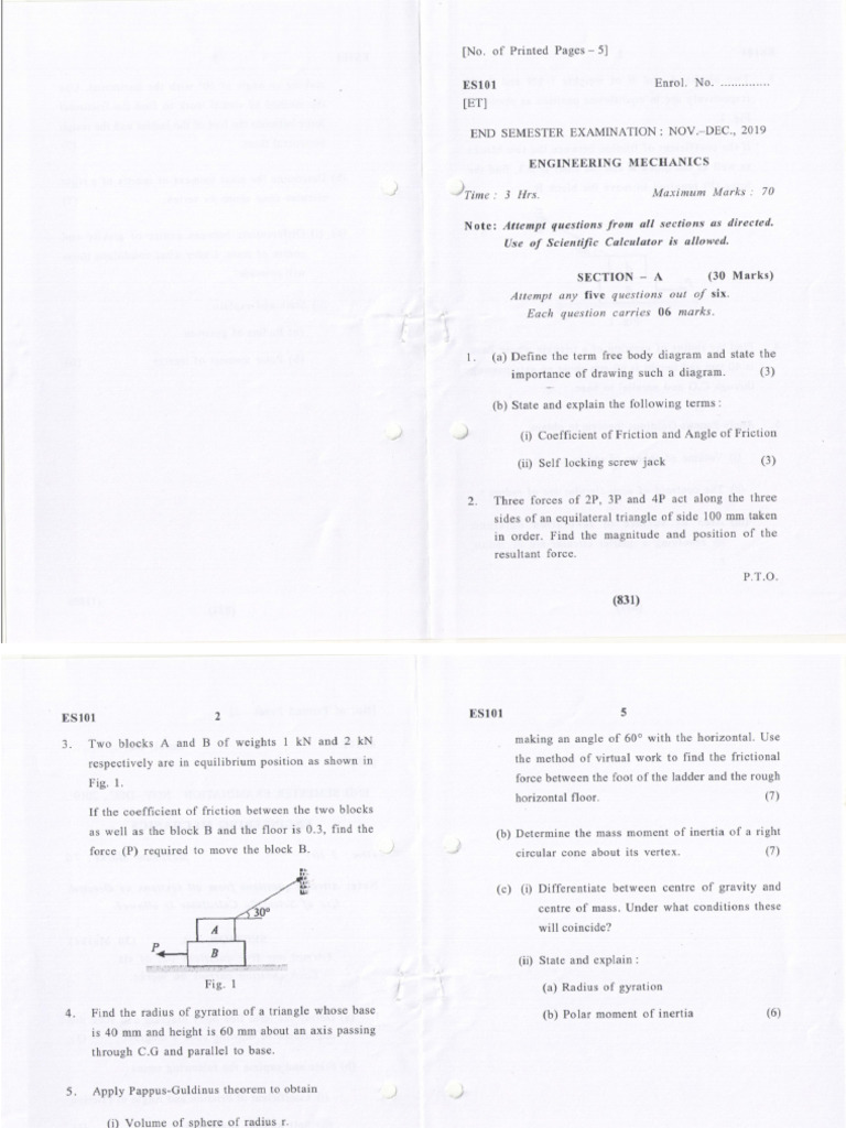 Engineering Mechanics, ES101 (ET), Nov.-Dec. 2019 | PDF