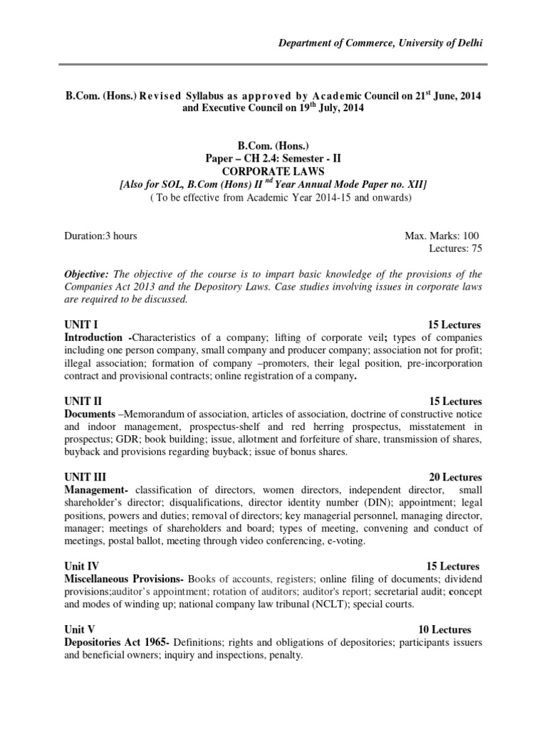 Corporate Laws Syllabus for B.Com. | PDF | Corporate Law | Business ...