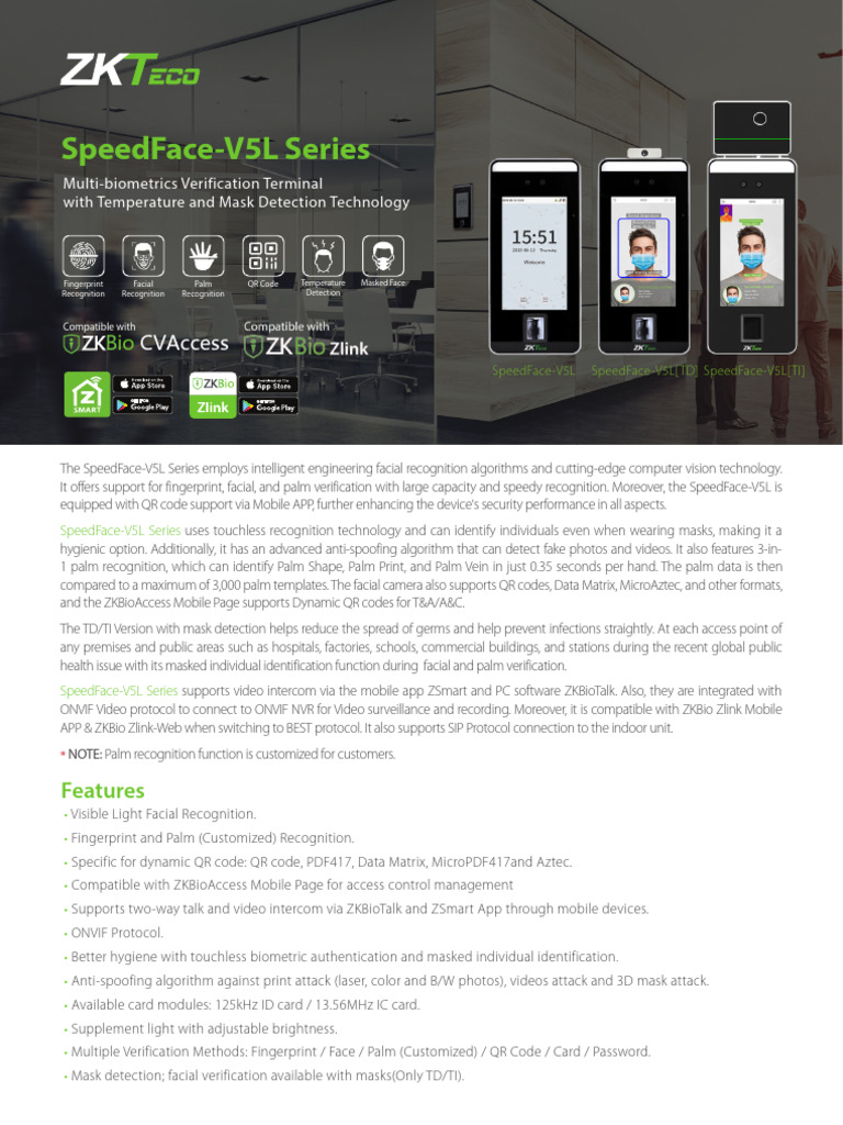 SpeedFace-V5L Series Datasheet 202401 | PDF | Authentication | Qr Code