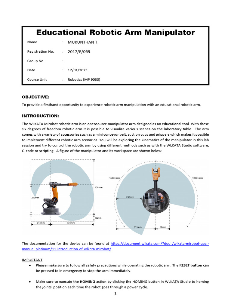 Robotic Arm Manipulation - MUGUNTHAN | PDF | Robotics | Robot